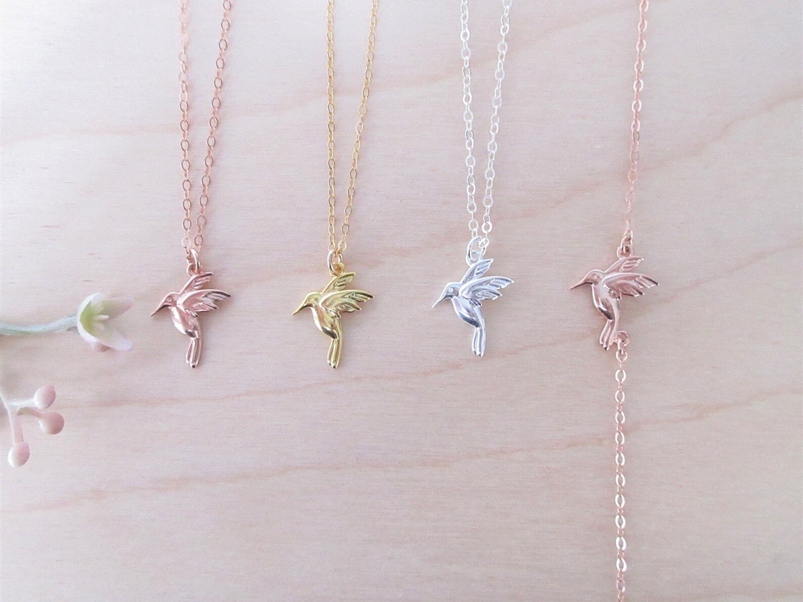 Tiny Sideway Sterling Silver Hummingbird Necklace, 18k Gold, Rose Gold ...