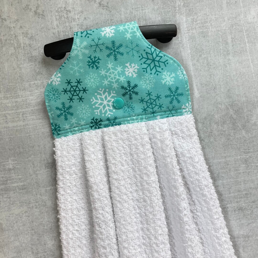 White and Mint Snowflakes Hanging Kitchen Towel With Holder, Bathroom ...