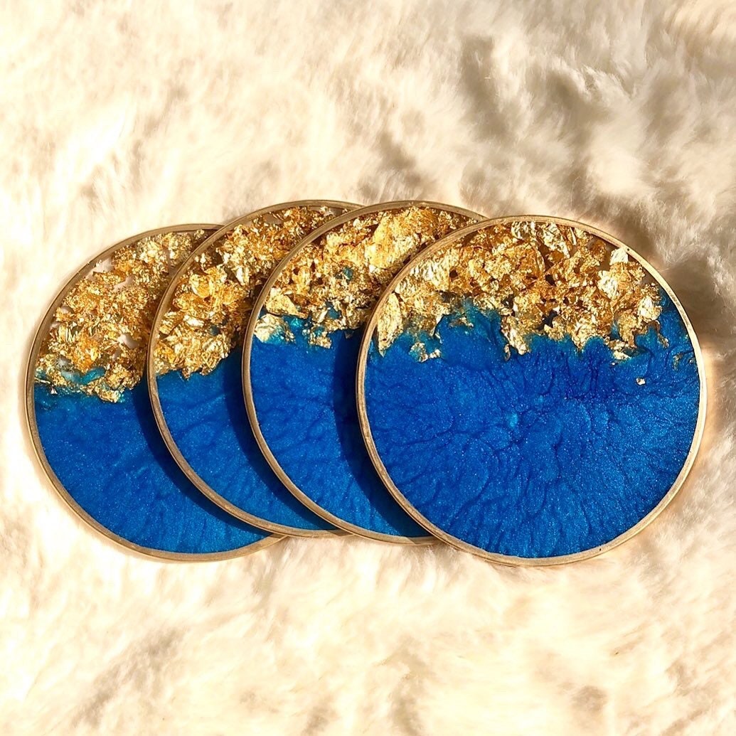 Beautifully Blue Coasters With Gold Flakes Resin Coasters | Etsy