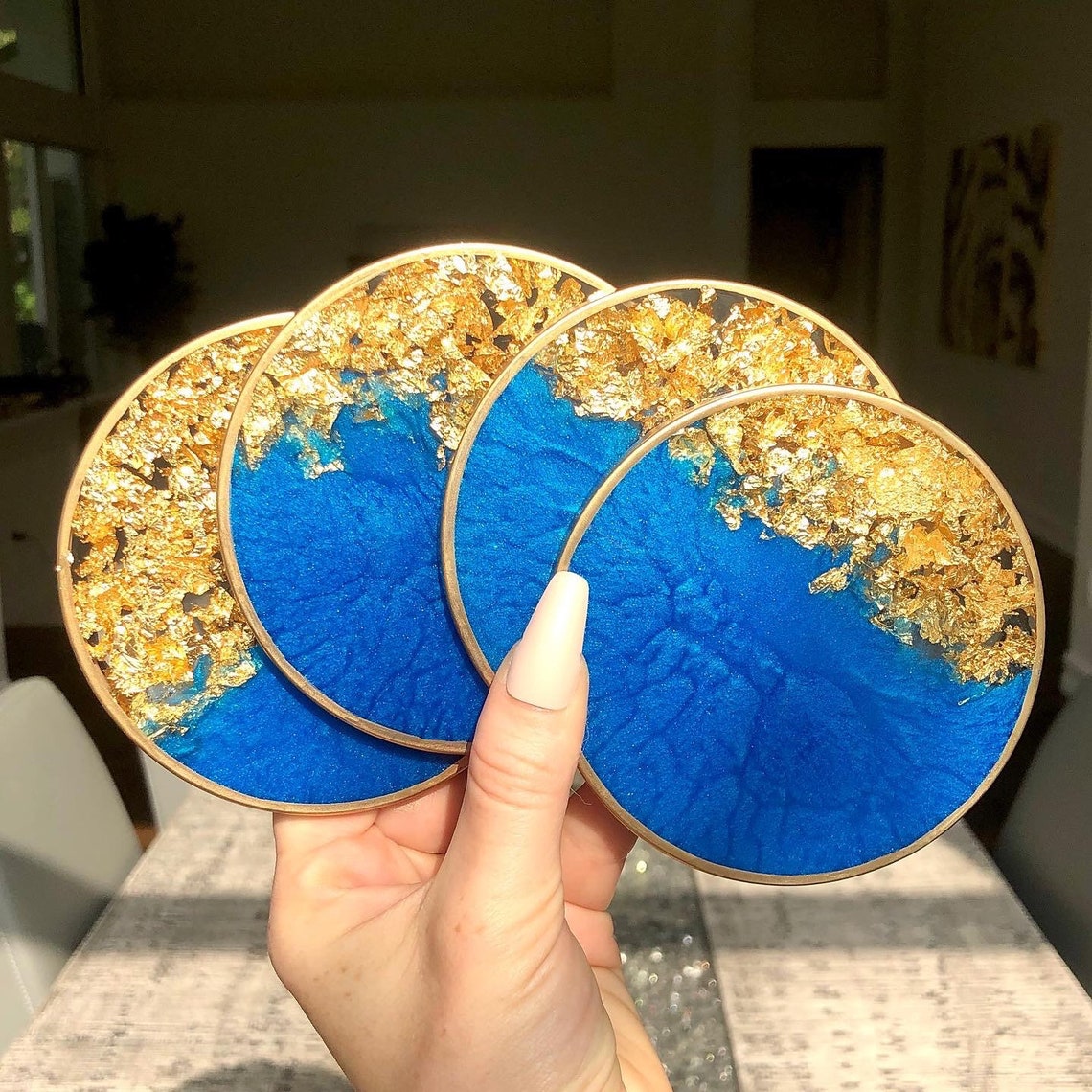 Beautifully Blue Coasters With Gold Flakes Resin Coasters | Etsy