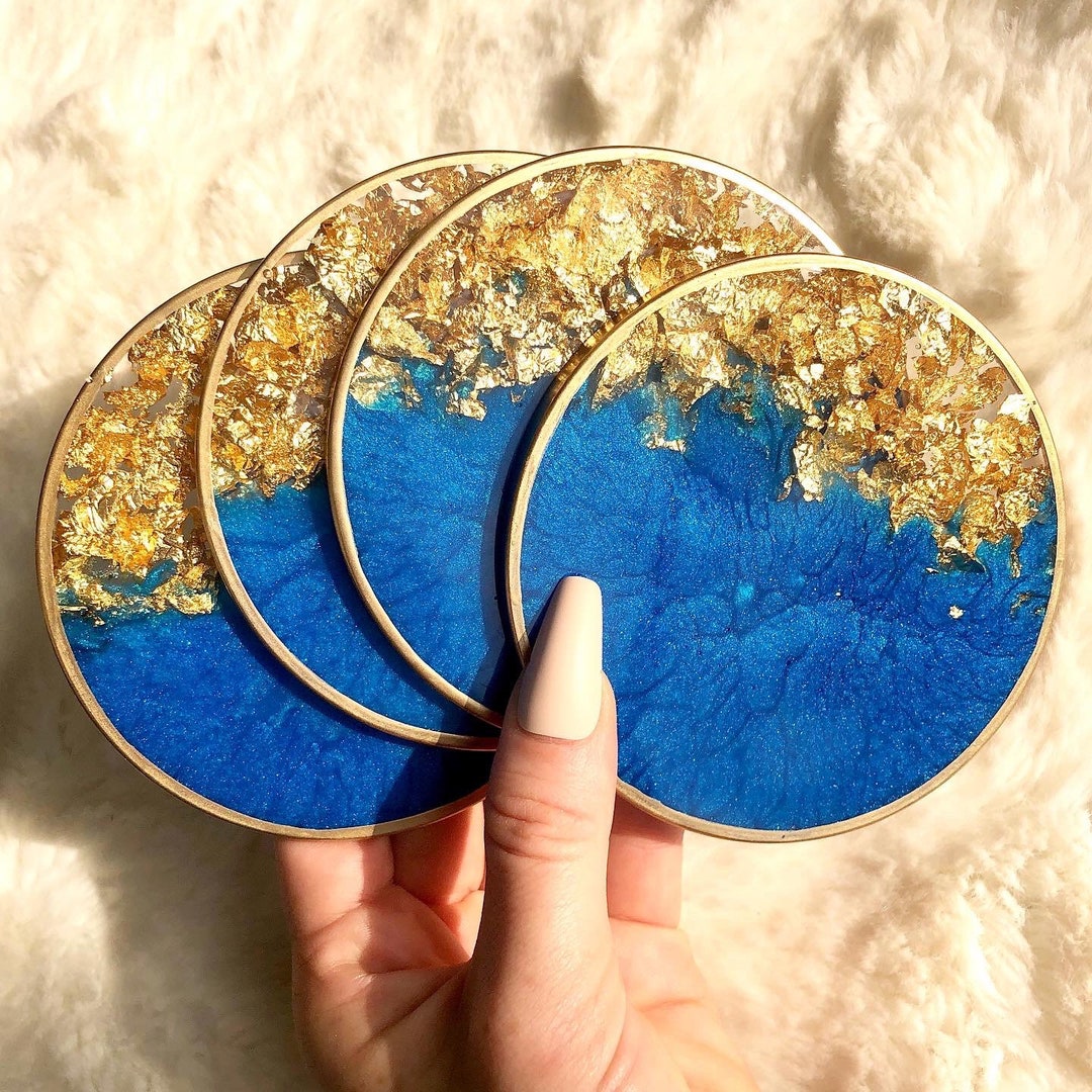 Beautifully Blue Coasters With Gold Flakes, Resin Coasters - Etsy