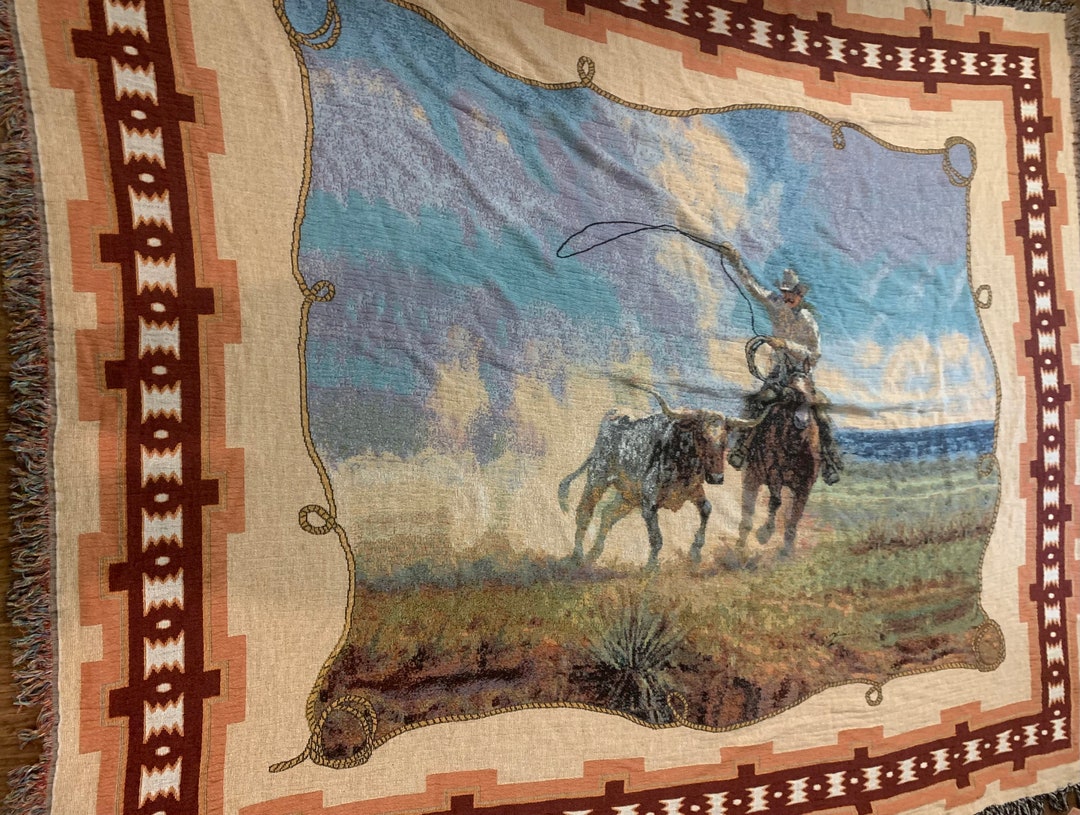 Cowboy With Longhorn Woven Blanket - Etsy