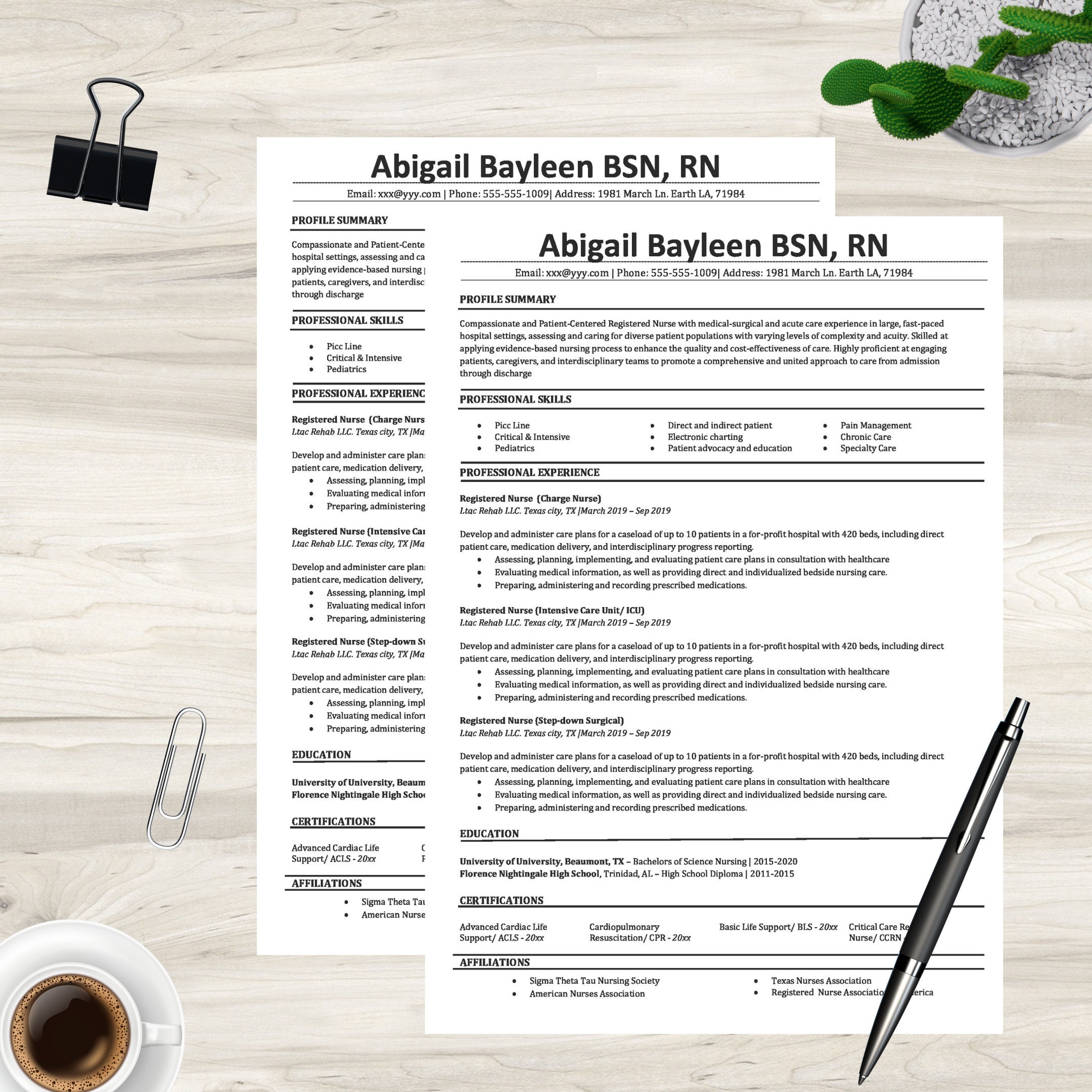 Nurse Resume Template Nurse CV Template BSN Nurse Resume One Page ATS ...