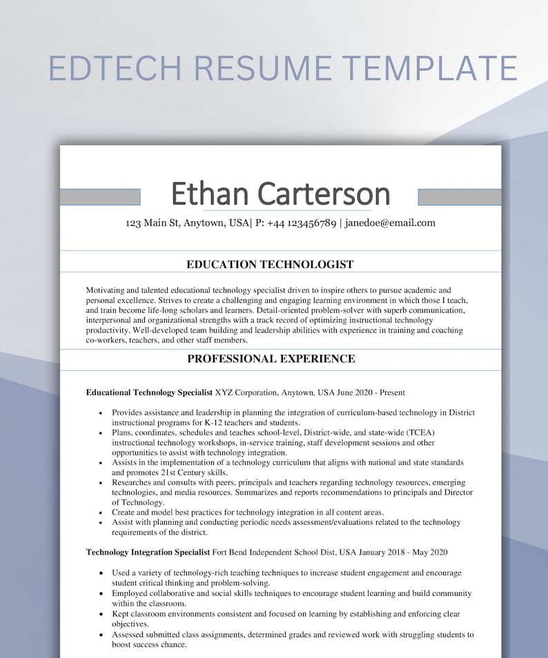 Edtech Resume Template Education Technology CV Design Instant Digital Download Modern & Creative ...