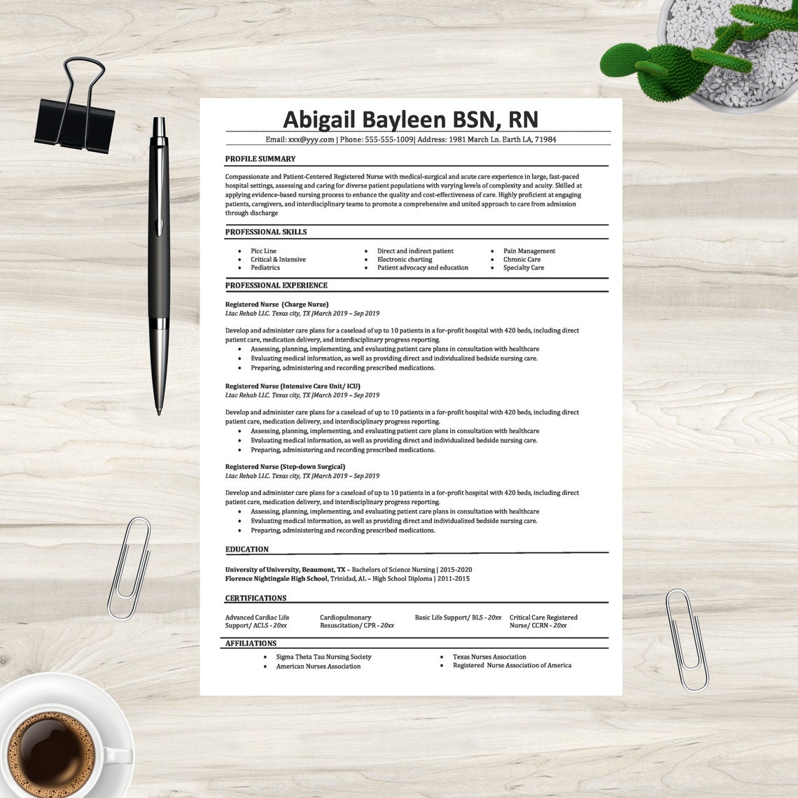 Nurse Resume Template Nurse CV Template BSN Nurse Resume One Page ATS ...