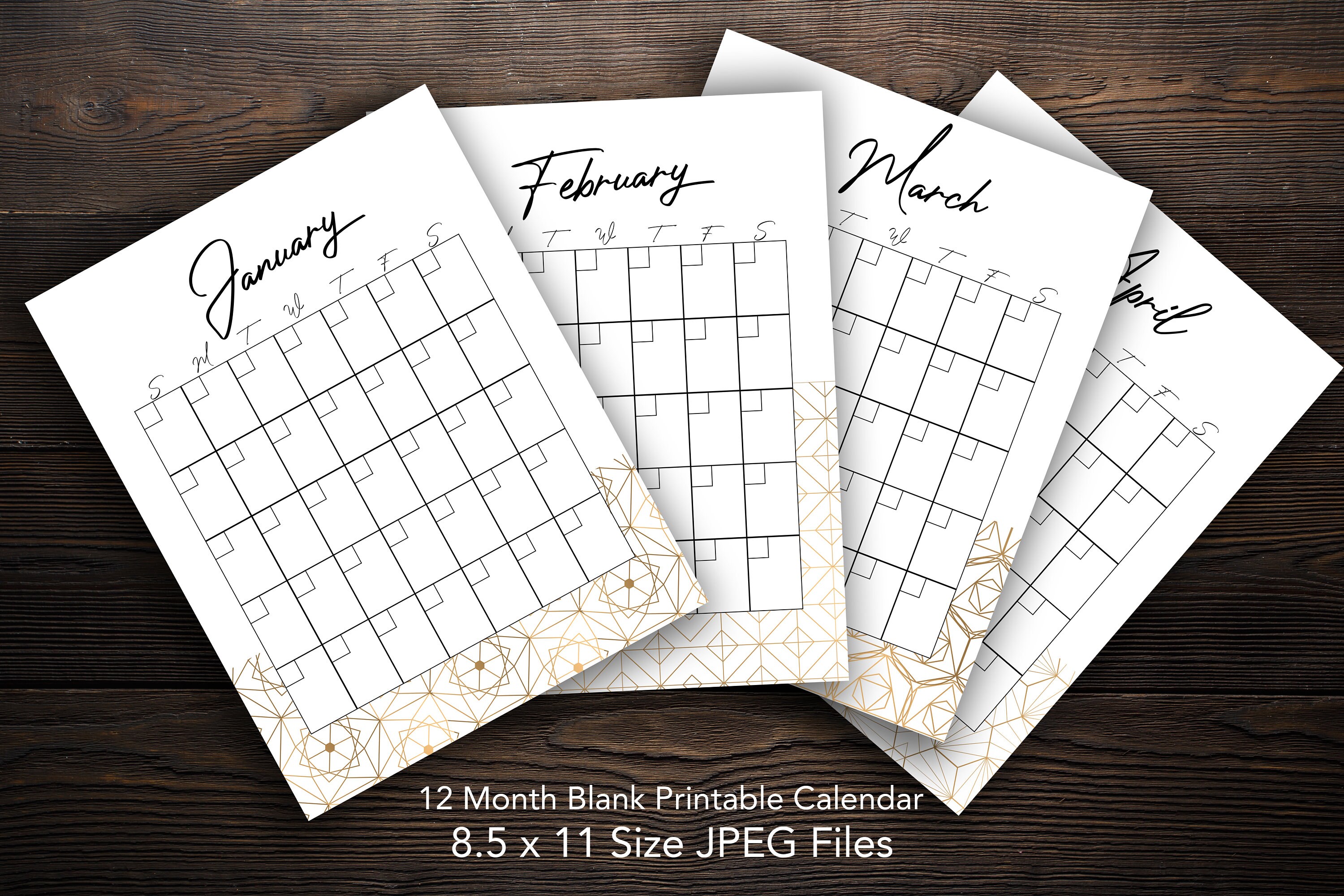 12 Month Blank Calendar Printable Gold Geometric Digital - Etsy