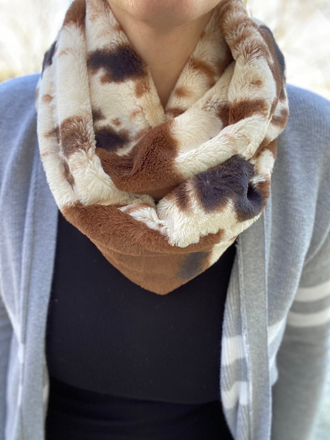 Brown Cow Print Scarf, Winter Infinity Scarf for Women, Faux Fur Scarf ...
