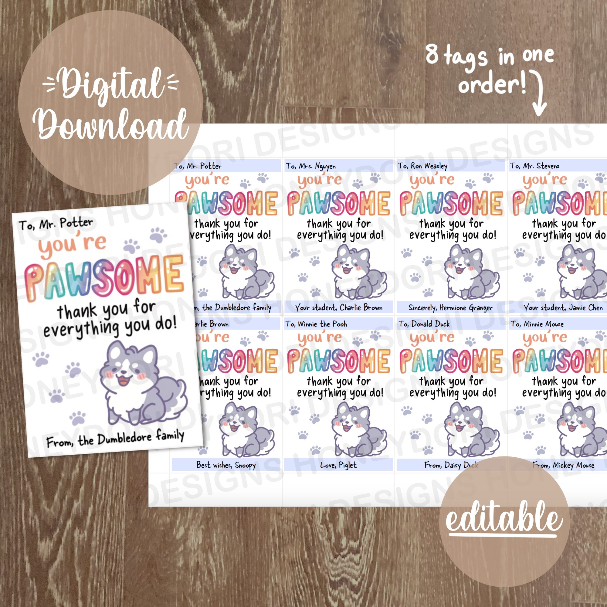 Printable/editable Teacher Thank You Tag - Dog Gift Card Tag - Teacher ...