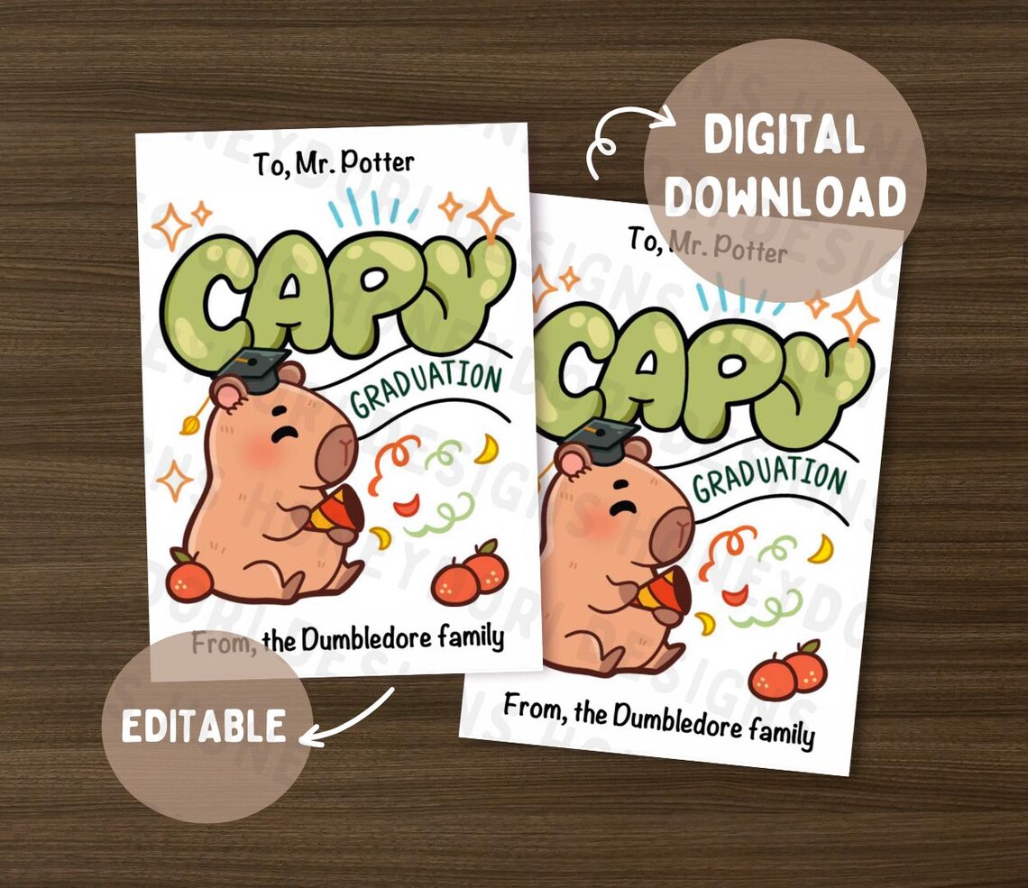 Printable/editable Capybara Graduation Tag - Cute Capybara Gift Card ...