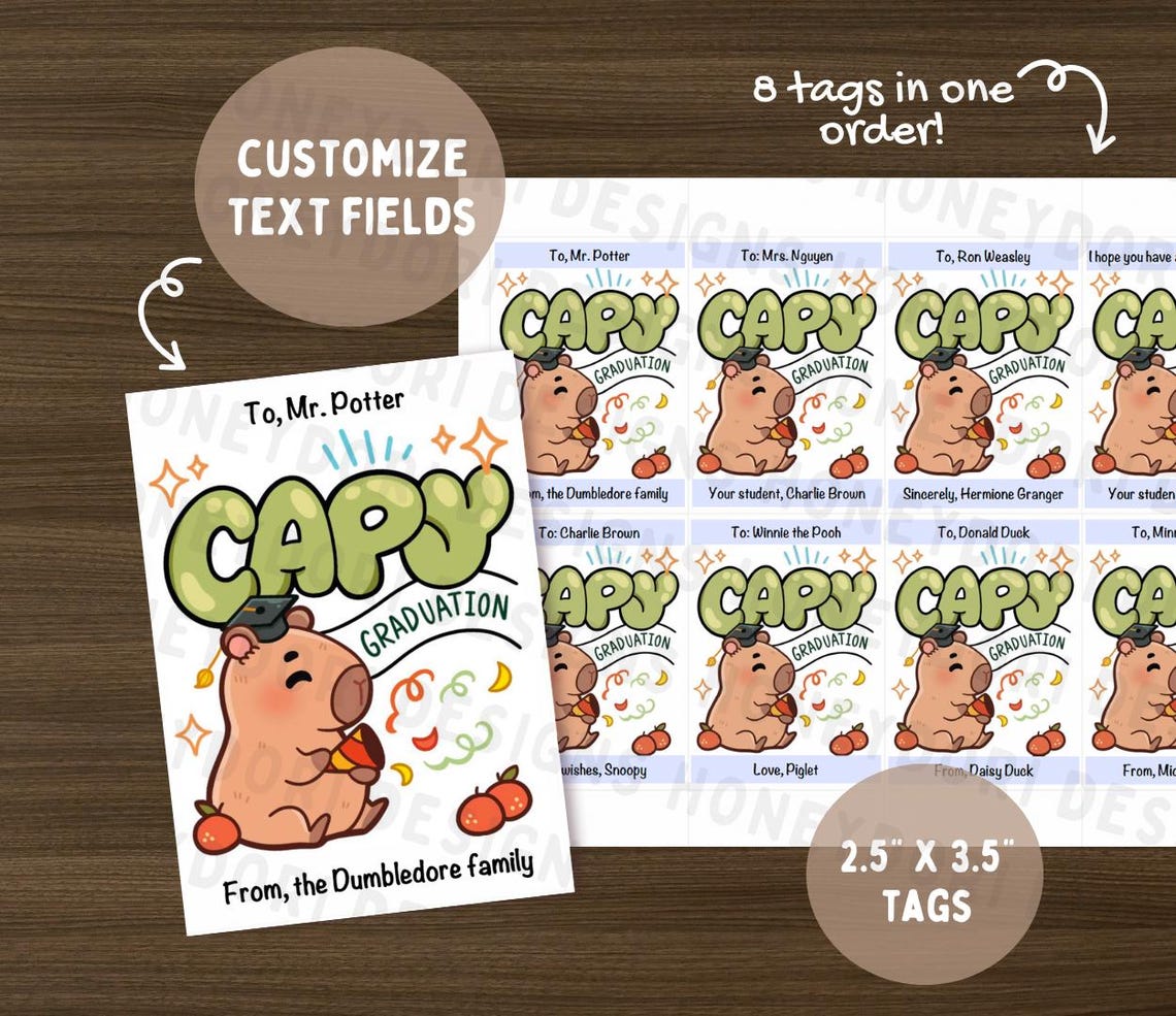 Printable/editable Capybara Graduation Tag - Cute Capybara Gift Card ...