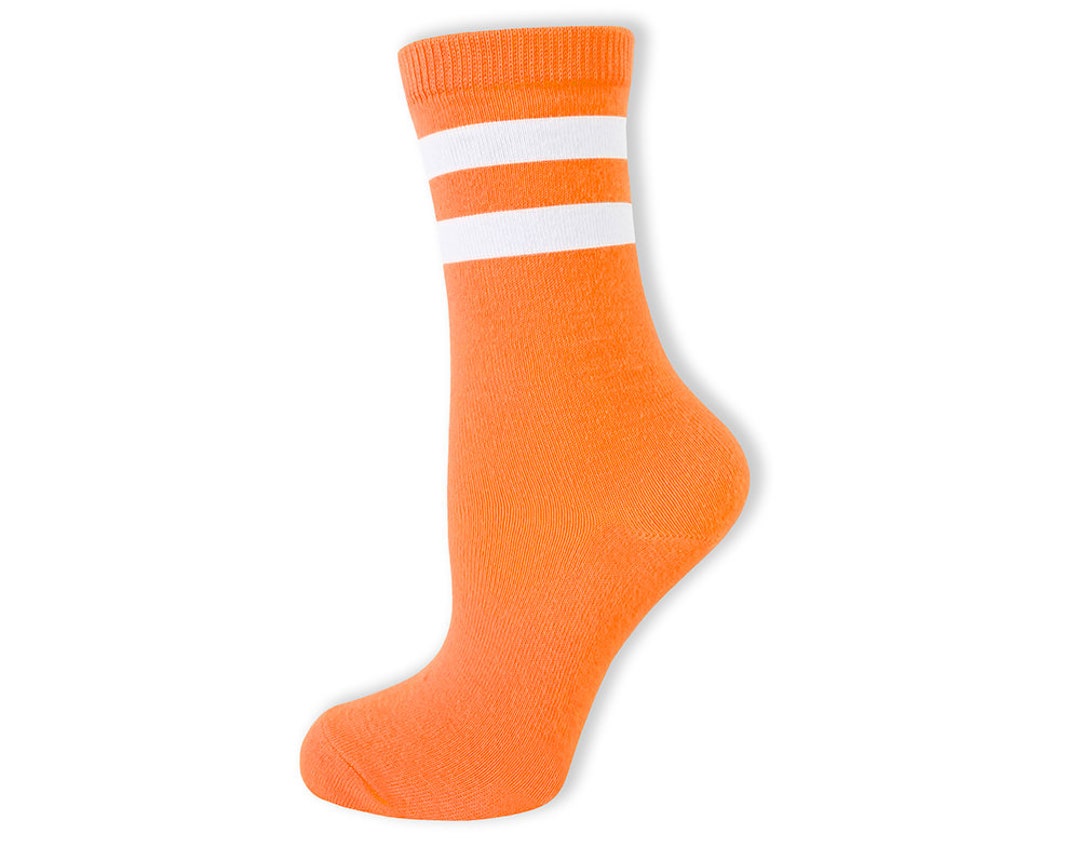 Neon Orange Adult Size Mid Crew Cut Calf High Sock With Two White ...