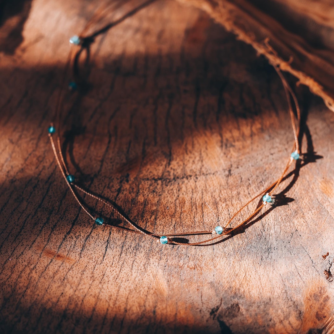 Dainty Double Layered Beaded Choker Necklace • Blue Apatite Crystal ...