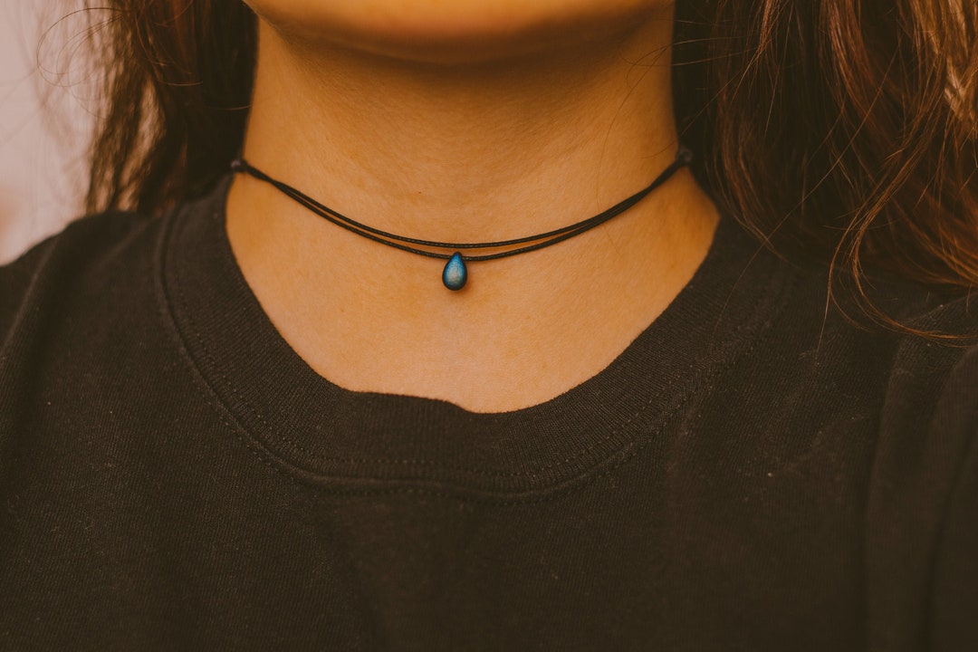 Edgy Double Layered Thin Black Choker Necklace, Teardrop Necklace ...