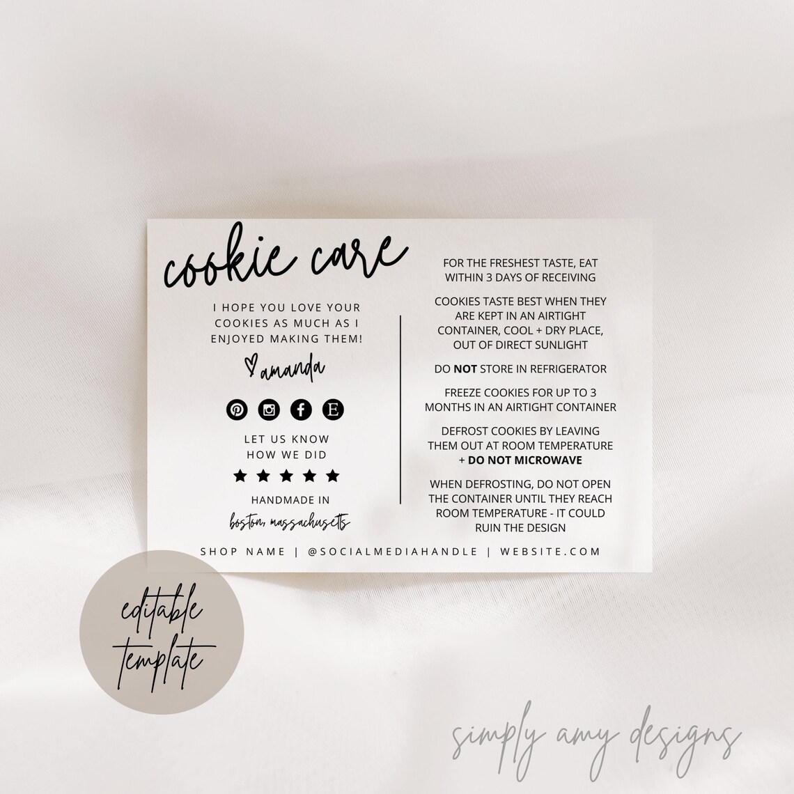 Editable Cookie Care Card Canva Template, Cookie Card Template, Small ...