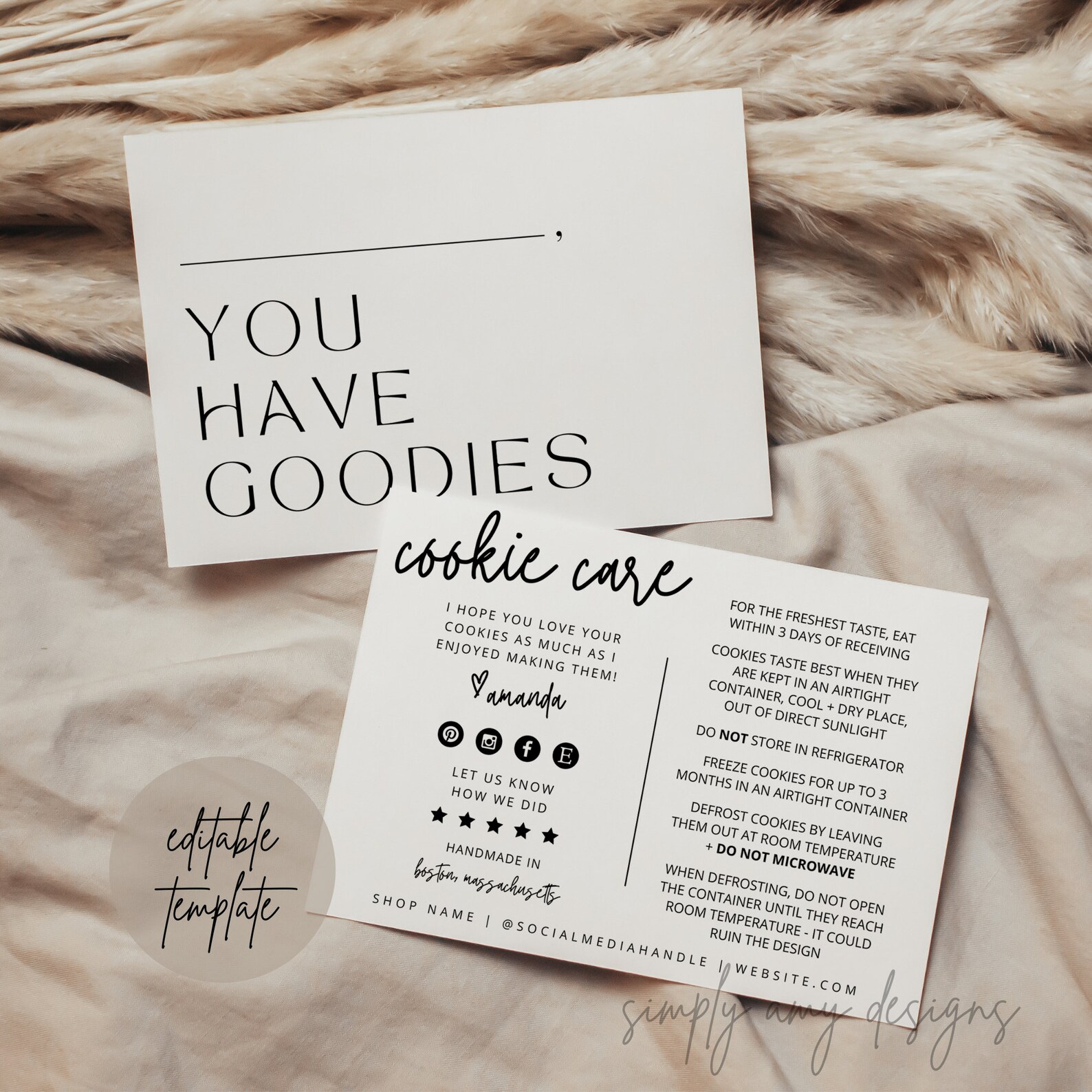 Editable Cookie Care Card Canva Template Cookie Card - Etsy