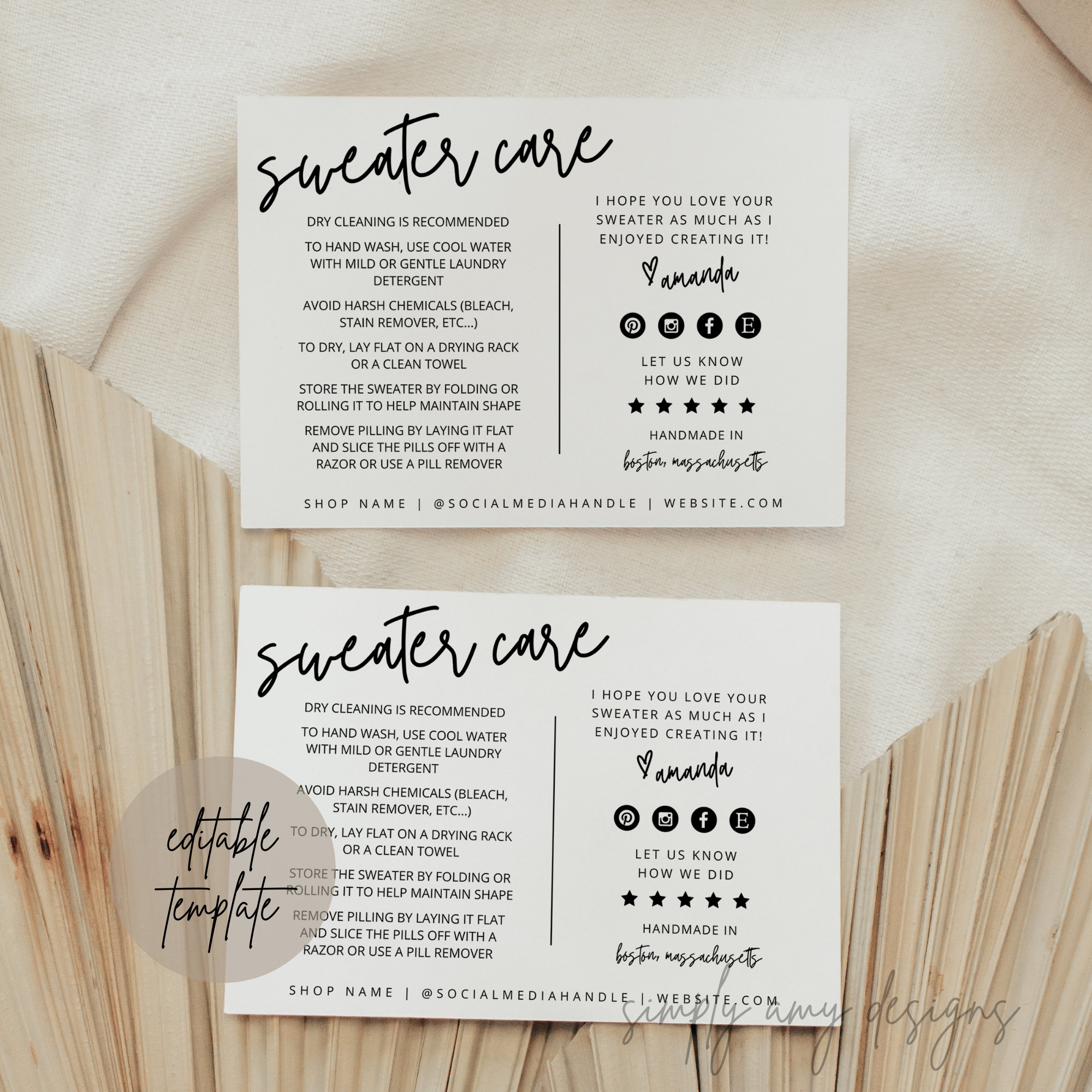 Editable Sweater Care Card Canva Template, Sweater Card Template ...