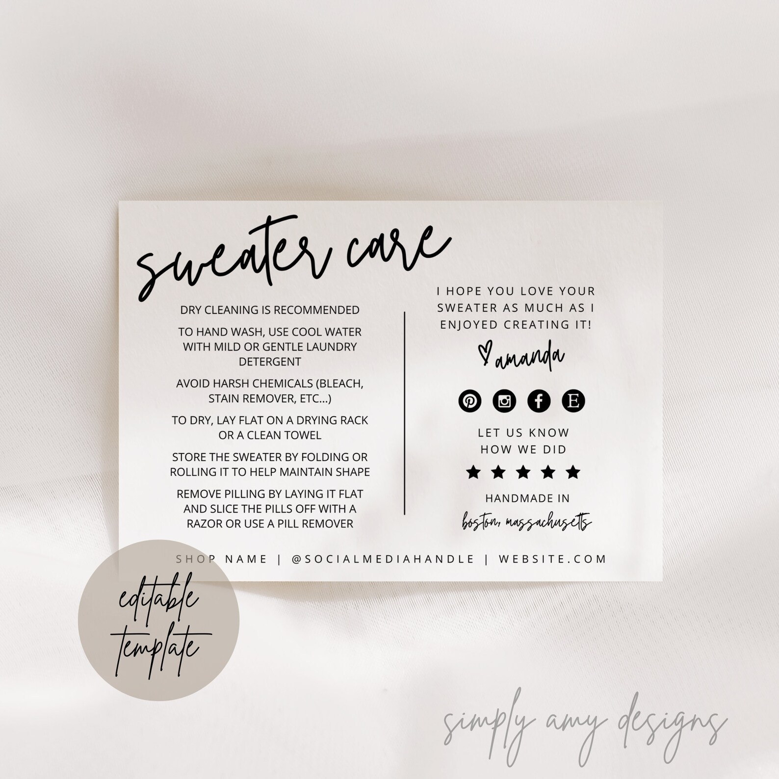 Editable Sweater Care Card Canva Template, Sweater Card Template ...