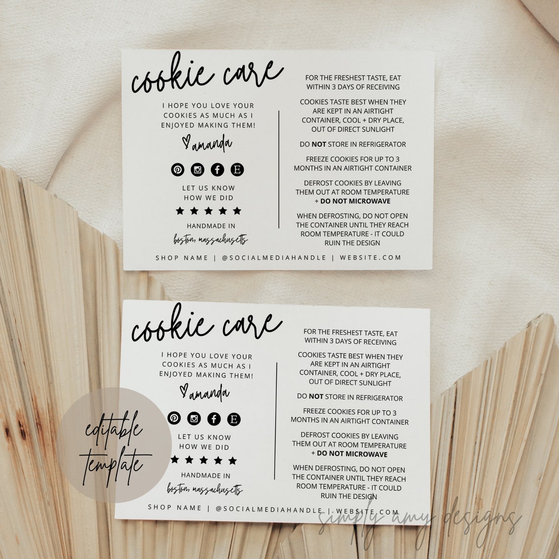 Editable Cookie Care Card Canva Template, Cookie Card Template, Small ...