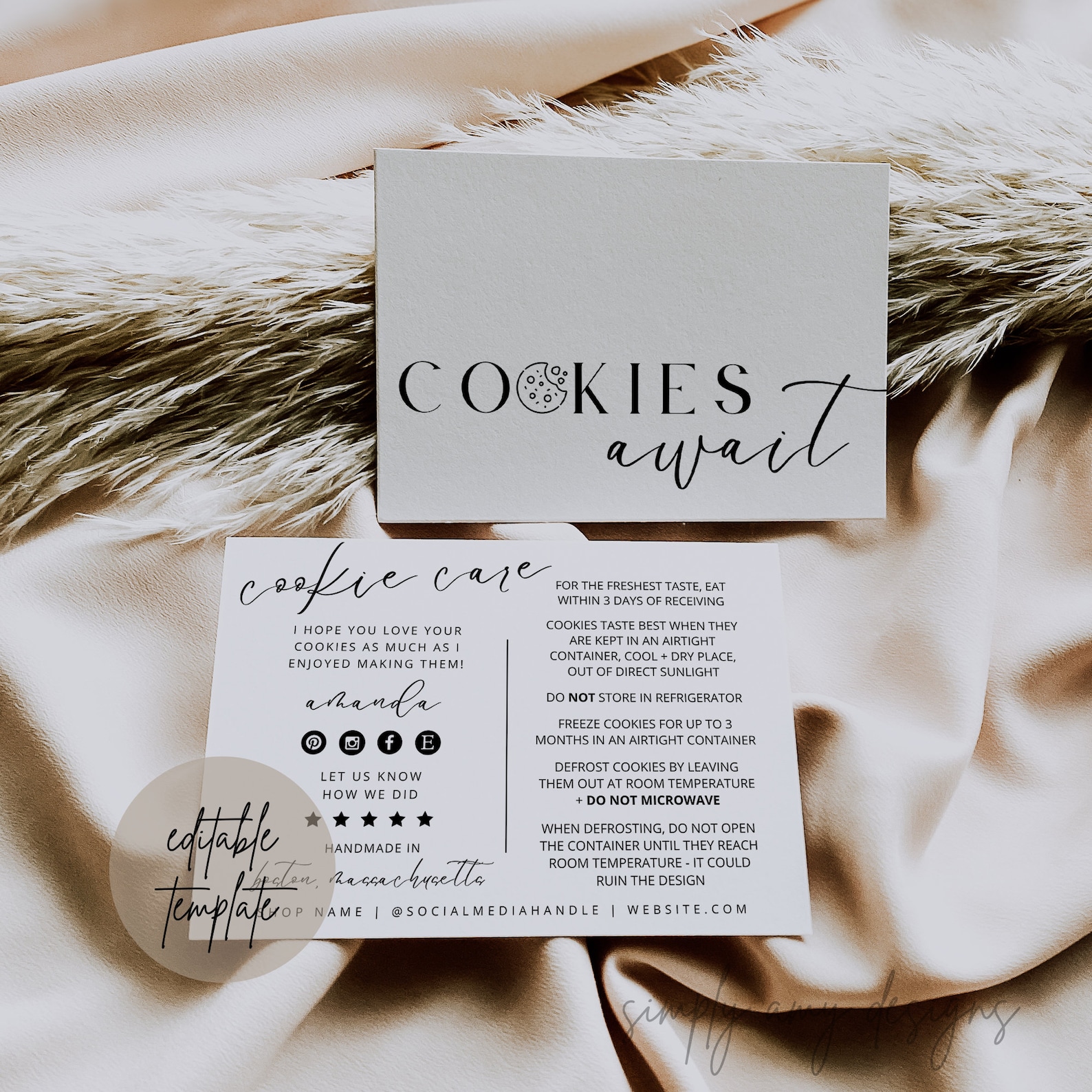 Editable Cookie Care Card Canva Template, Cookie Card Template, Small ...