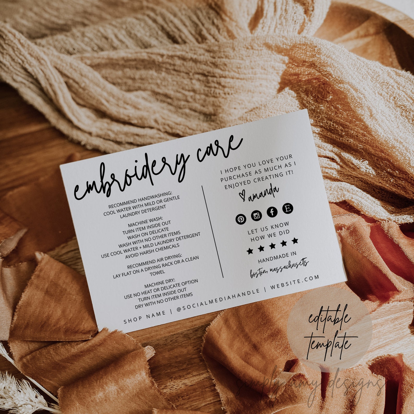 Editable Embroidery Care Card Canva Template, Embroidery Card Template ...