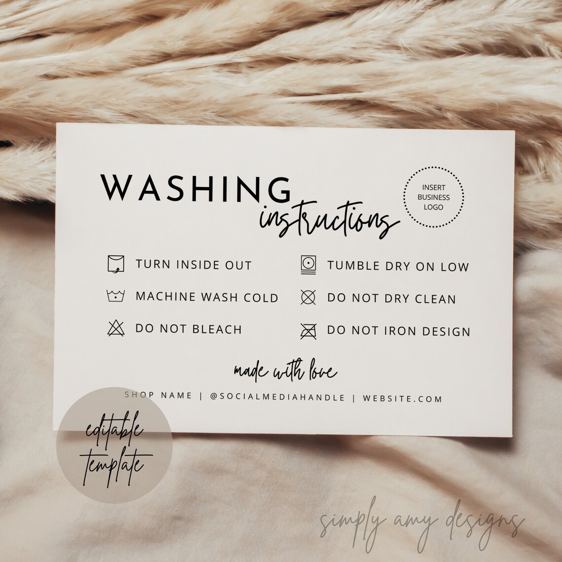 Editable Washing Instructions Card Canva Template Care Card - Etsy