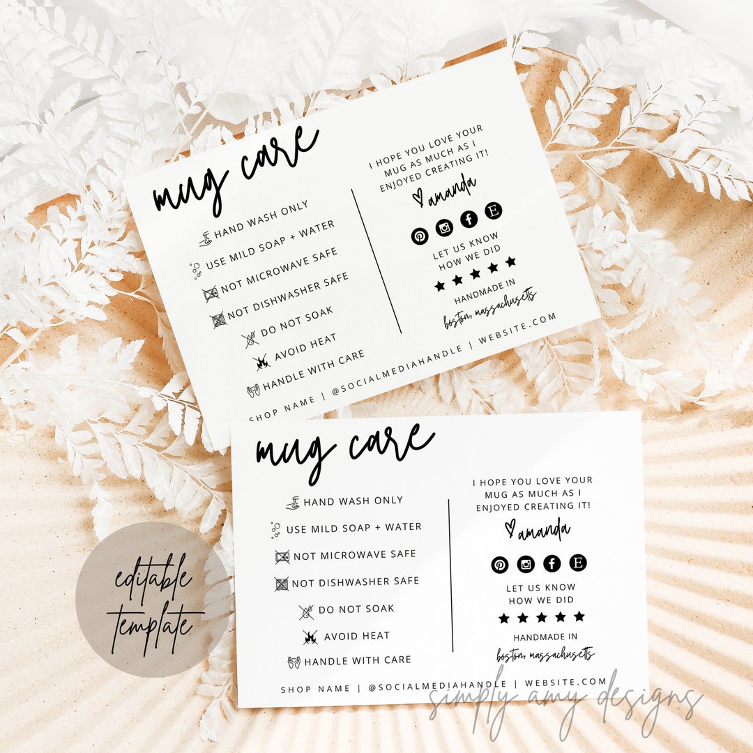 Editable Mug Care Card Canva Template, Mug Card Template, Small ...