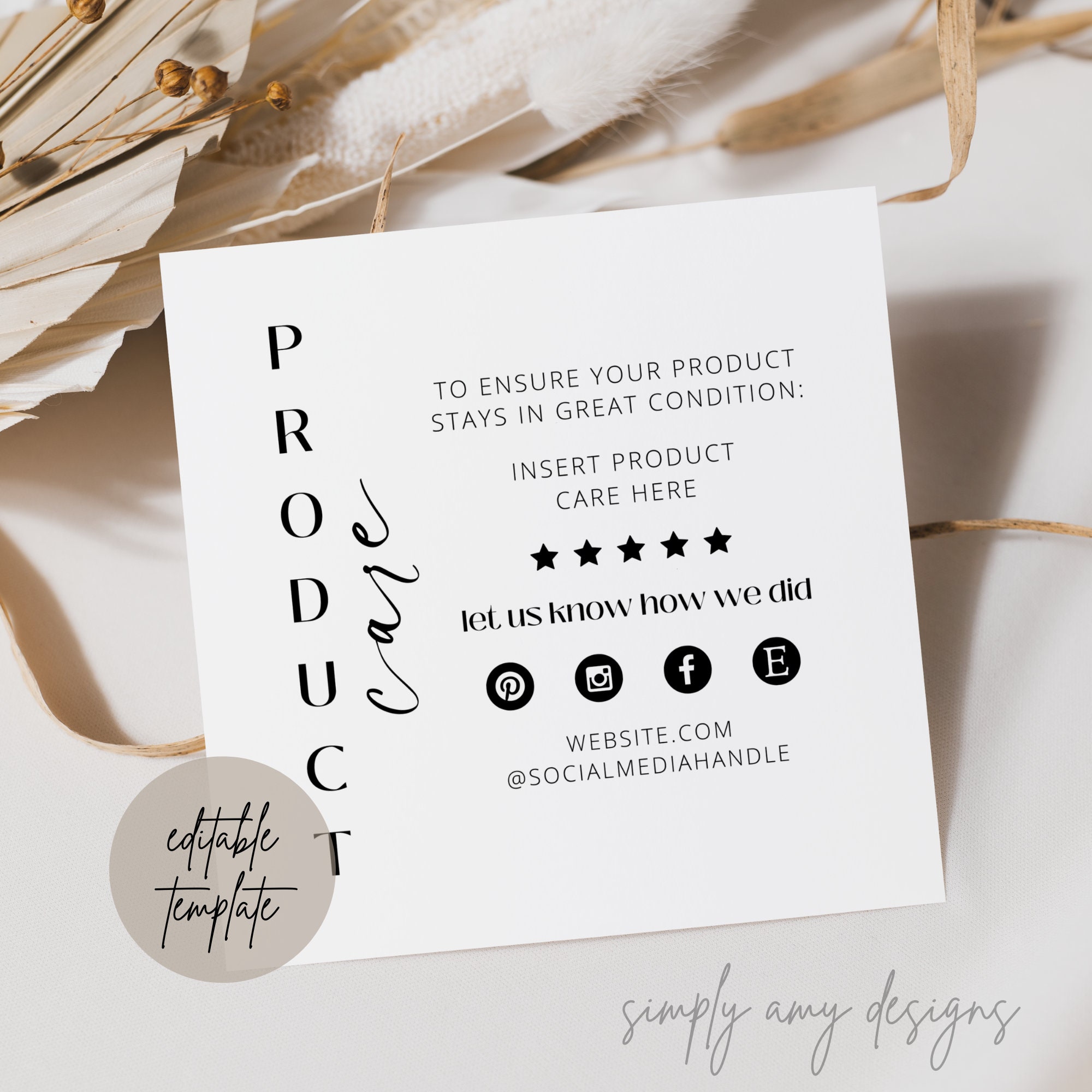 Editable Product Care Card Template, Care Card Template, Minimalist ...