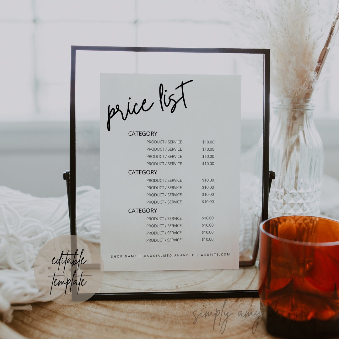 Editable Price List Canva Template, Price List Template, Small Business Template, Custom Price ...