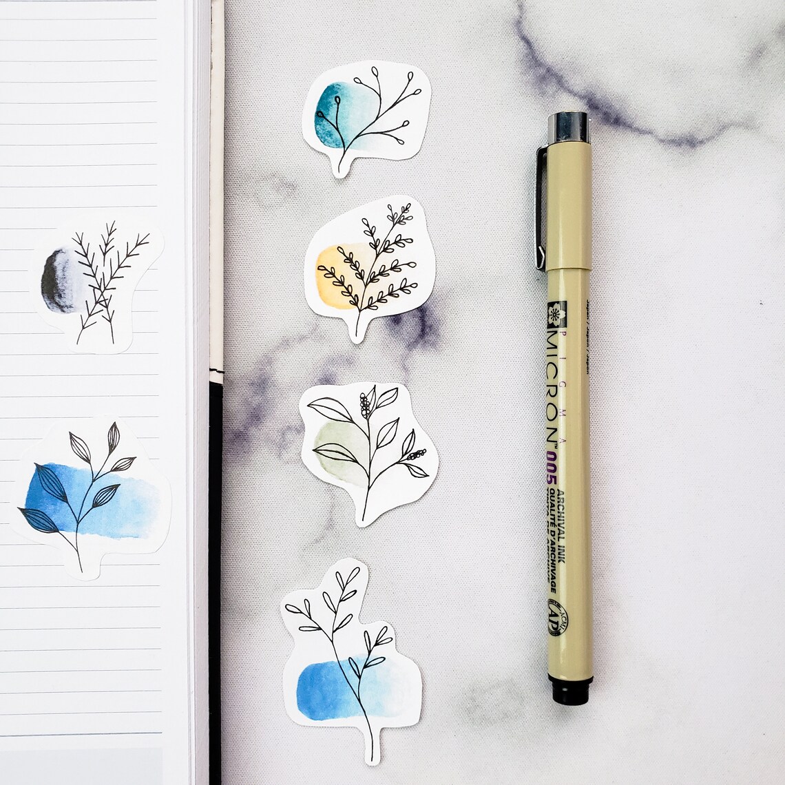 Watercolor and Ink Botanical Sticker Pack Illustrated - Etsy