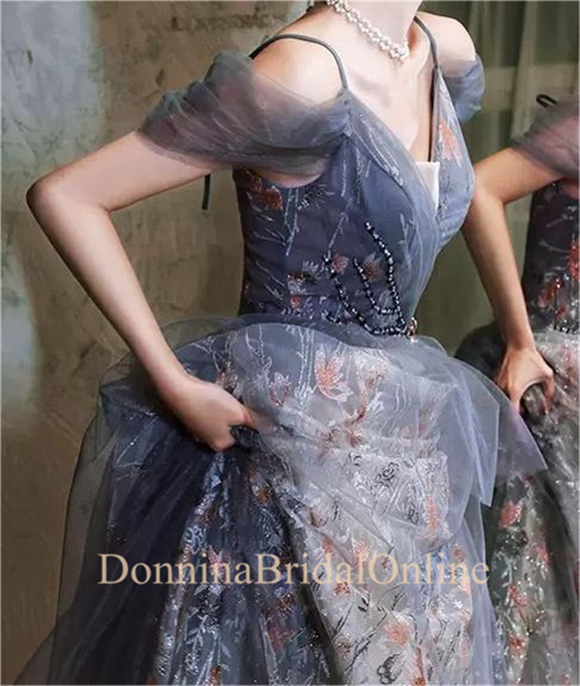 Floral Grey Blue Prom Dress Suspender Skirt With Deep V Formal - Etsy