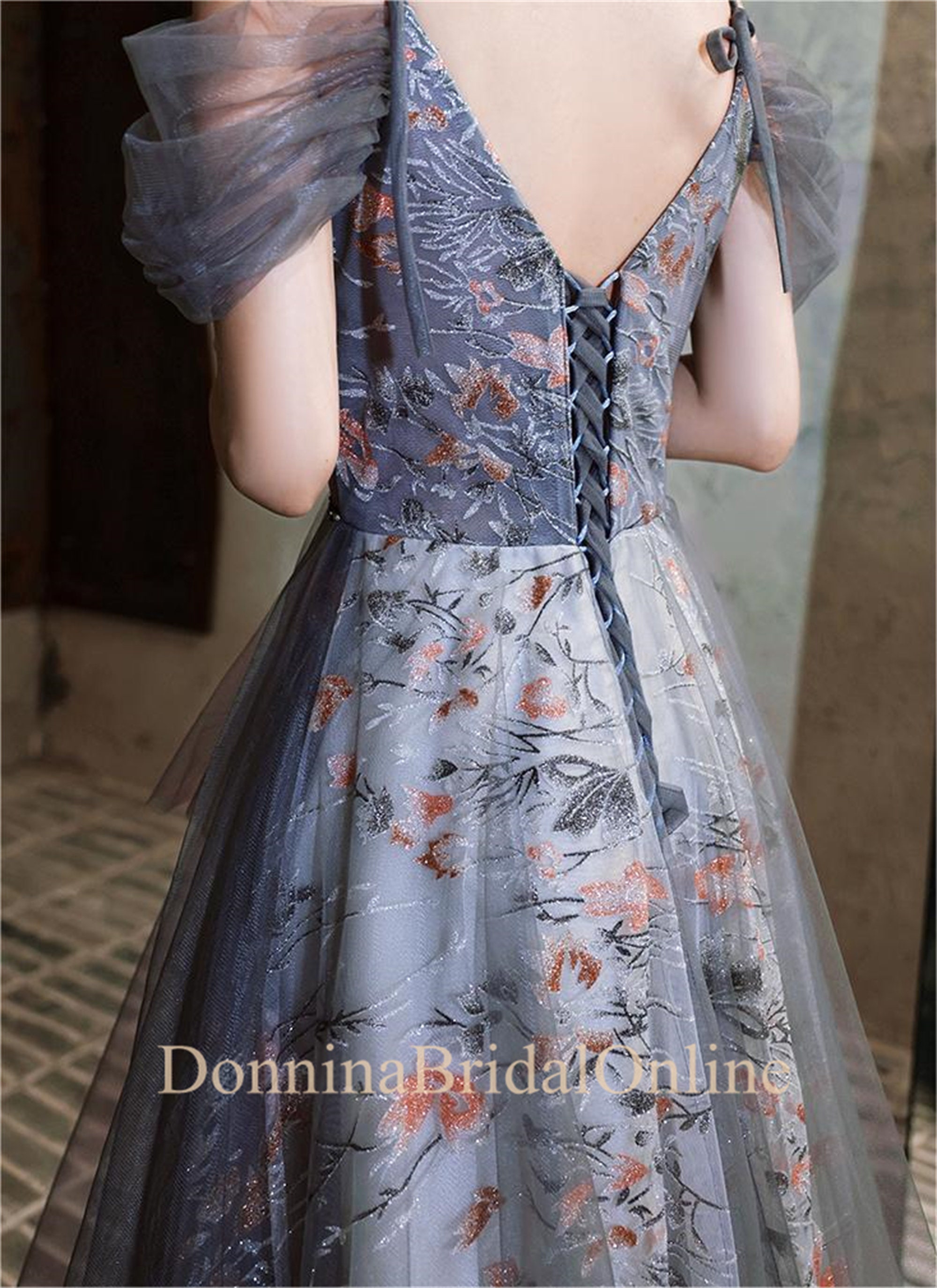 Floral Grey Blue Prom Dress Suspender Skirt With Deep V Formal - Etsy