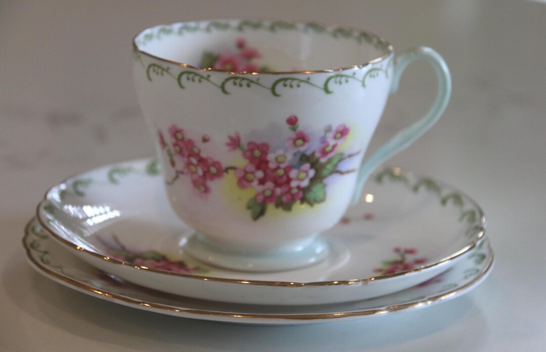 Vintage Shelley Pink Blossom Teacup Trio: Fine Bone China, Gold Trim ...