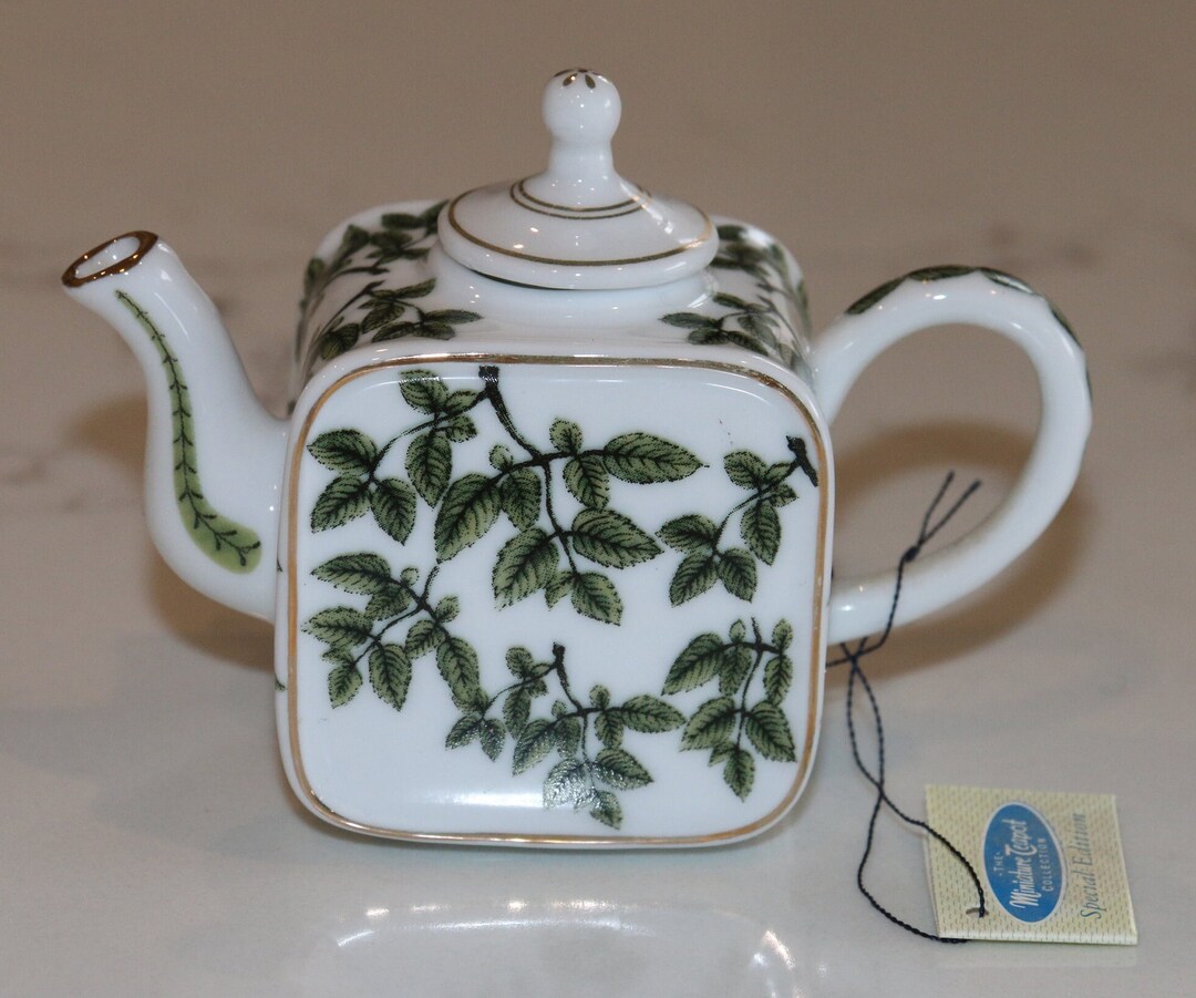 Gorgeous Vintage Porcelain Art Green Leaves Miniature Teapot Oriental ...