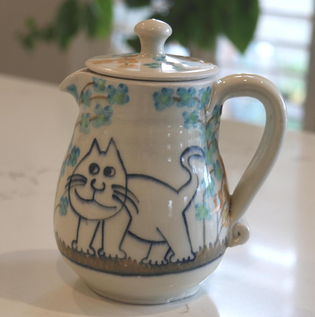 Handmade Pottery Cat Teapot: Vintage Floral Design, Cottage Kitchen ...