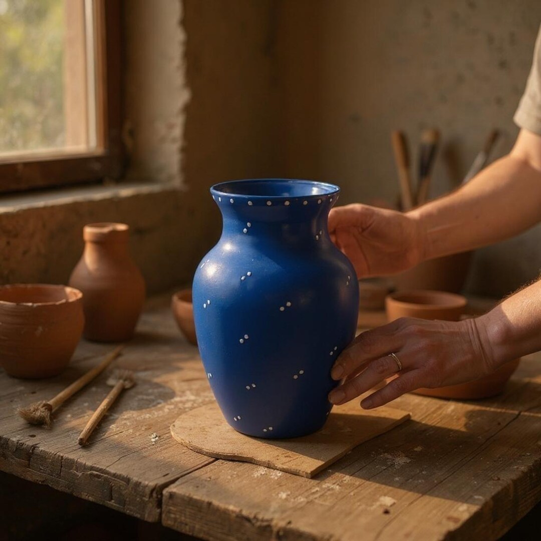 Blue Hand Painted Vase, Blue Vase, Interior Design Gift, Pot Belly Vase ...