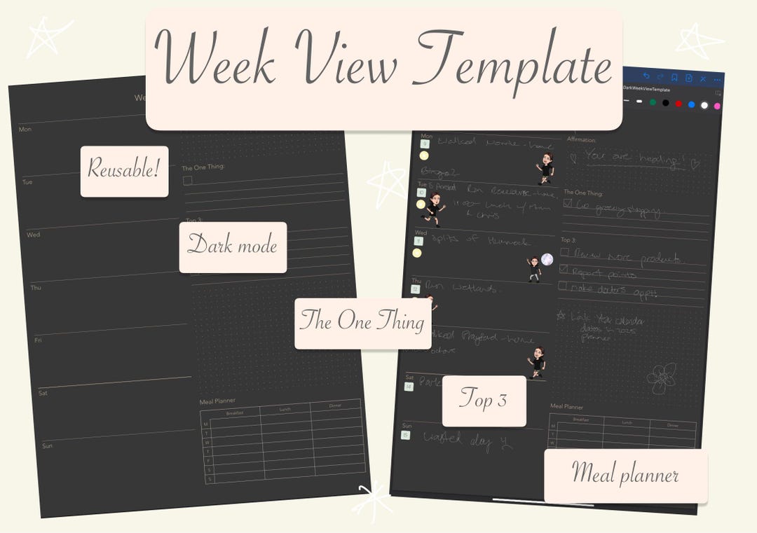 Week View Planner Template Insert Dark Mode for iPad Tablet Goodnotes ...