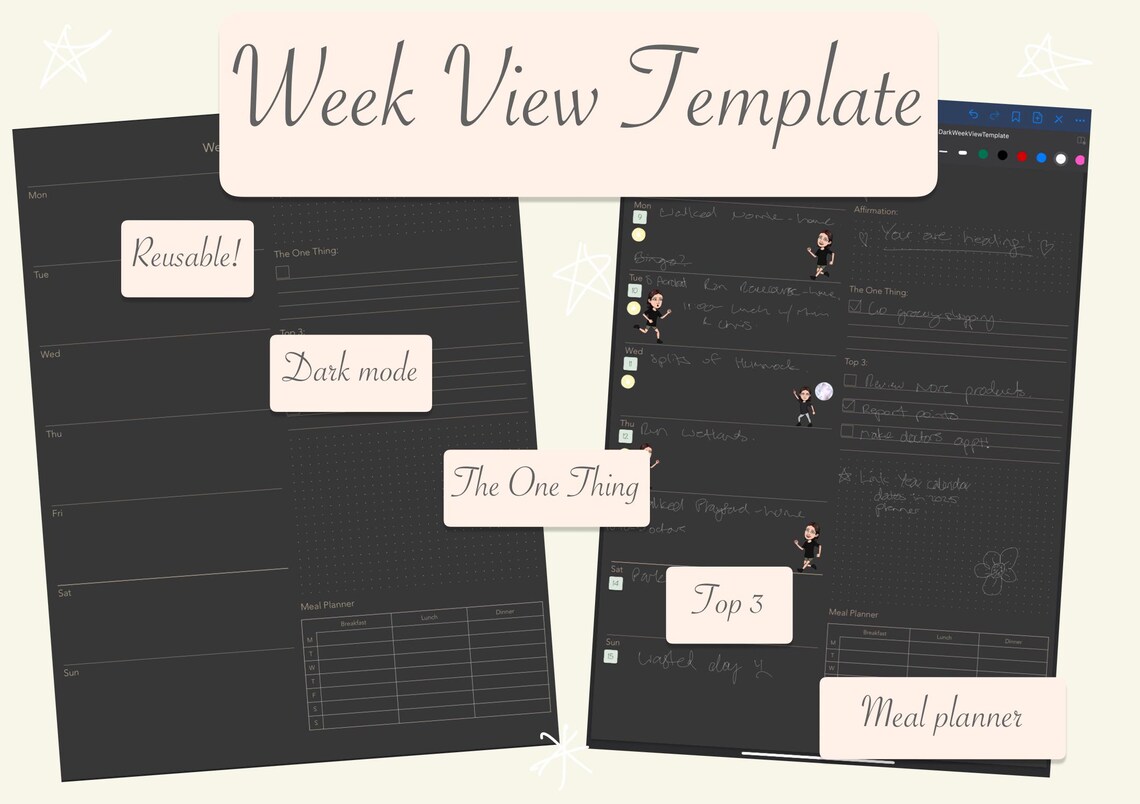 Week View Planner Template Insert Dark Mode for iPad Tablet Goodnotes ...