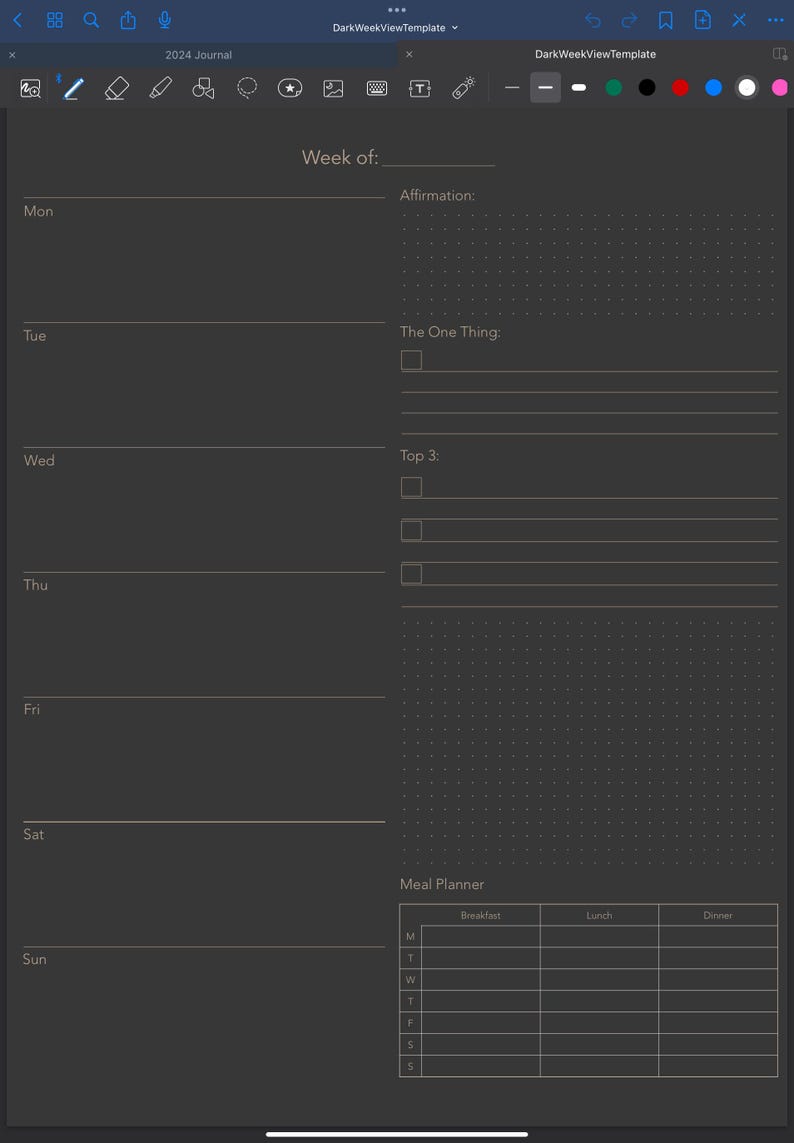 Week View Planner Template Insert Dark Mode for iPad Tablet Goodnotes ...