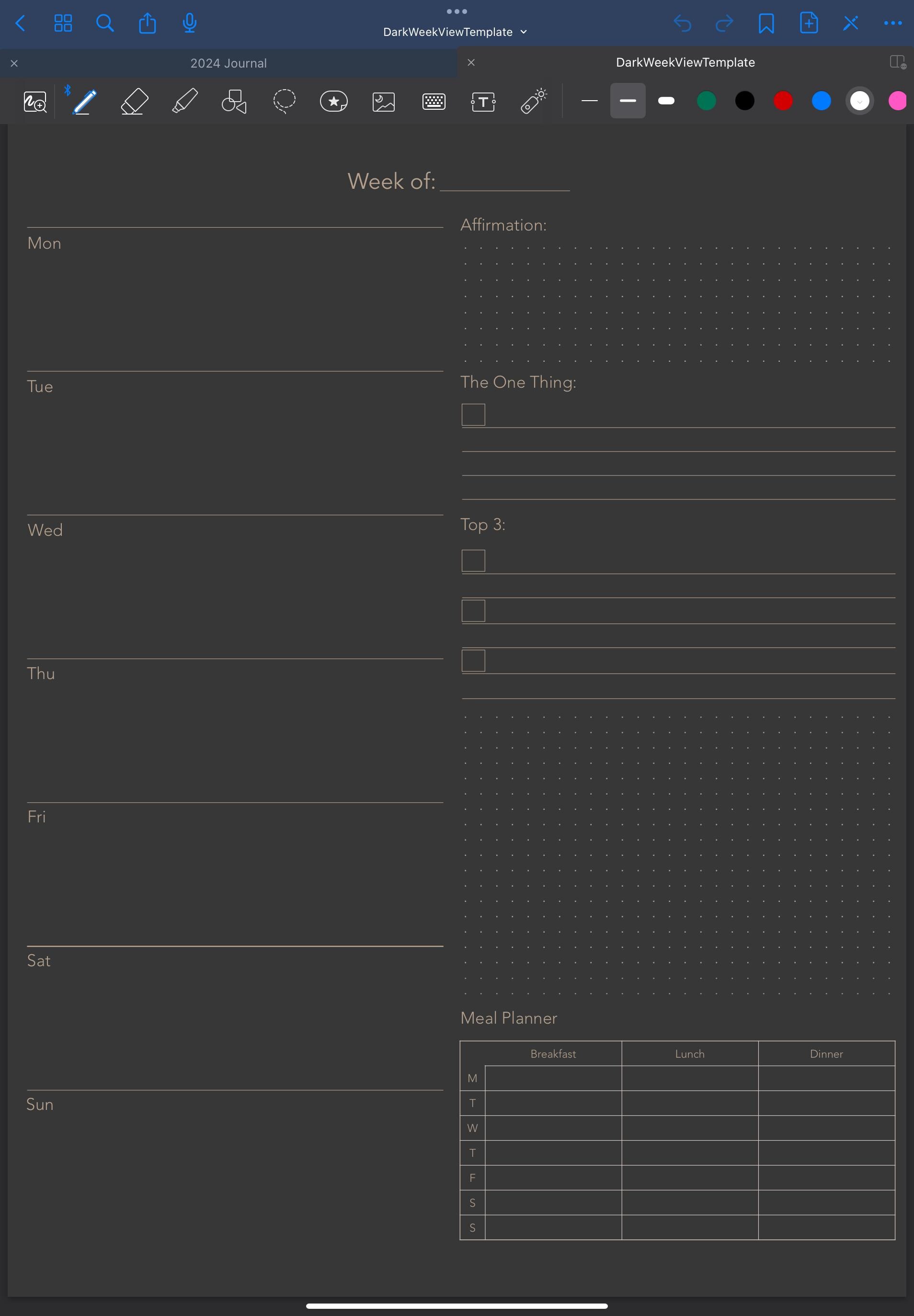 Week View Planner Template Insert Dark Mode for iPad Tablet Goodnotes ...