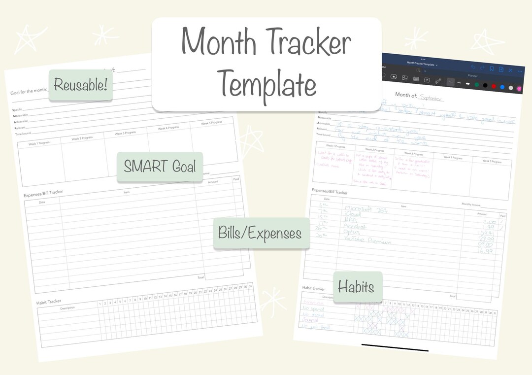 Monthly Tracker Template Month Goal Monthly Expenses Bill Tracker Habit ...