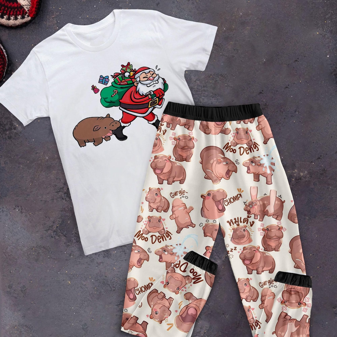 Moo Deng Christmas Pajamas Set, Funny Moo Deng and Santa Christmas ...