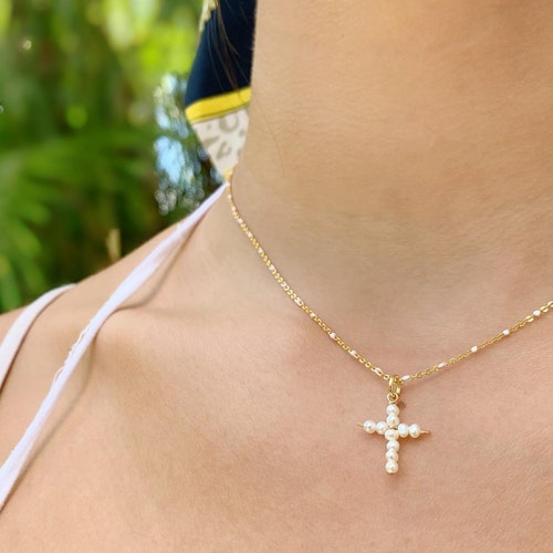 Small Pearl Cross Necklace Dainty Cross Necklace Cute Cross - Etsy