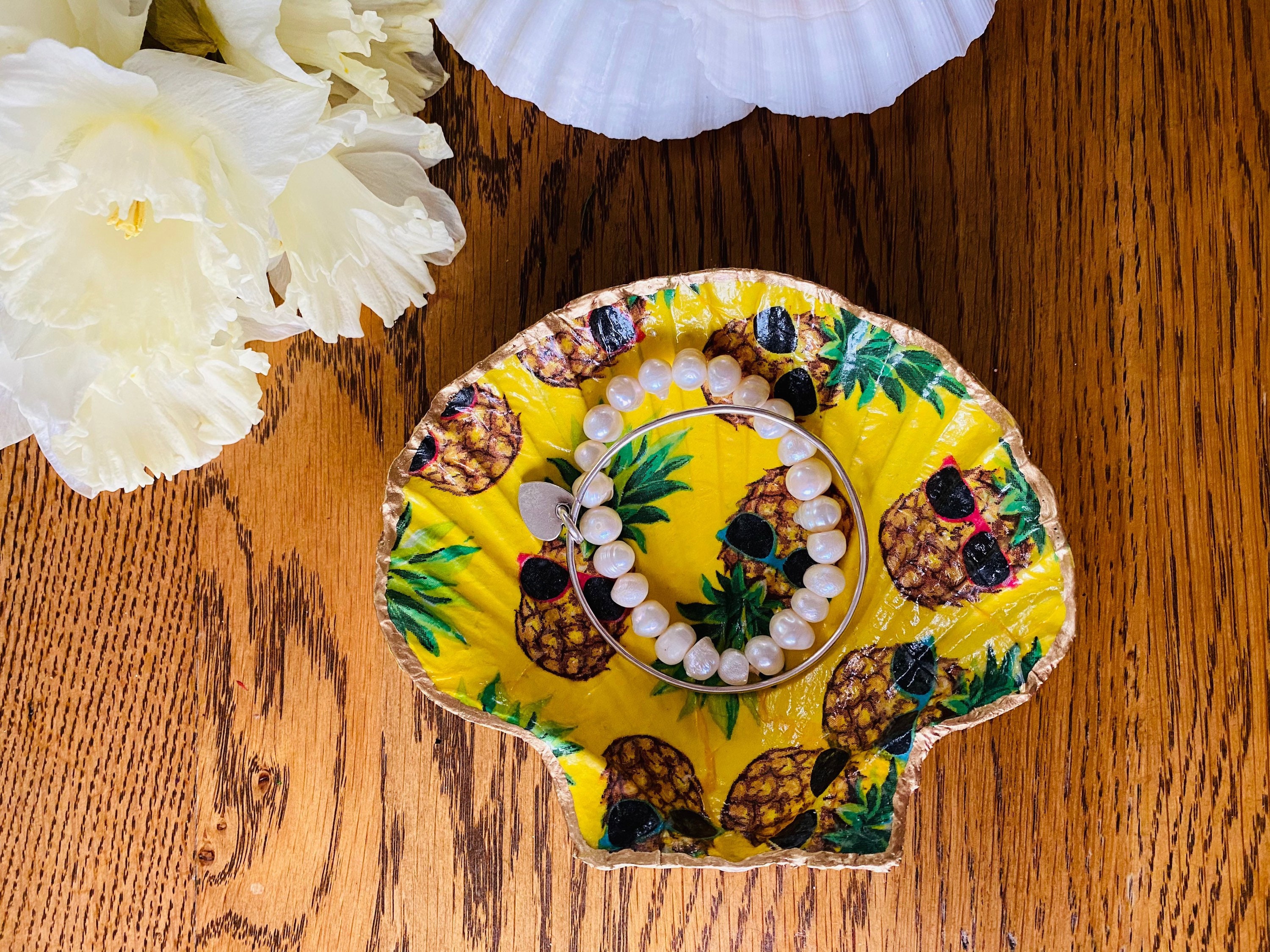 Scallop Shell Trinket Dish Sunny Pineapple Design Decoupage - Etsy
