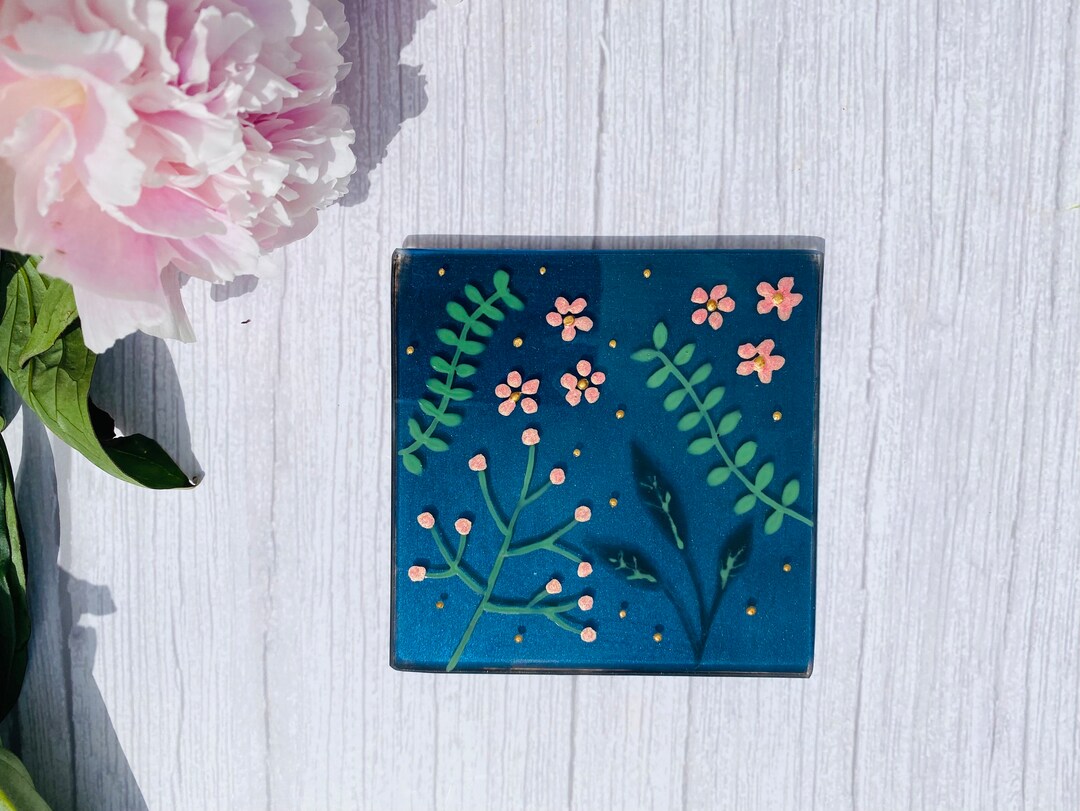 Square Glass Coasters With Hand Painted Leaves and Flowers Design, Gift ...