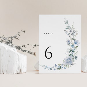 Dusty Blue Wedding Table Numbers Card Template, Boho Wildflower Table ...