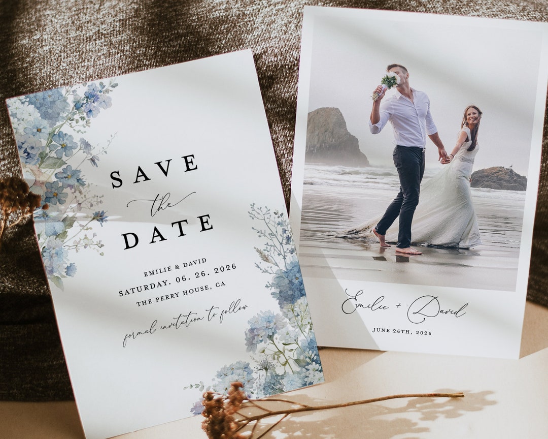 Dusty Blue Save the Date Cards Template, Photo Floral Steel Light Blue ...