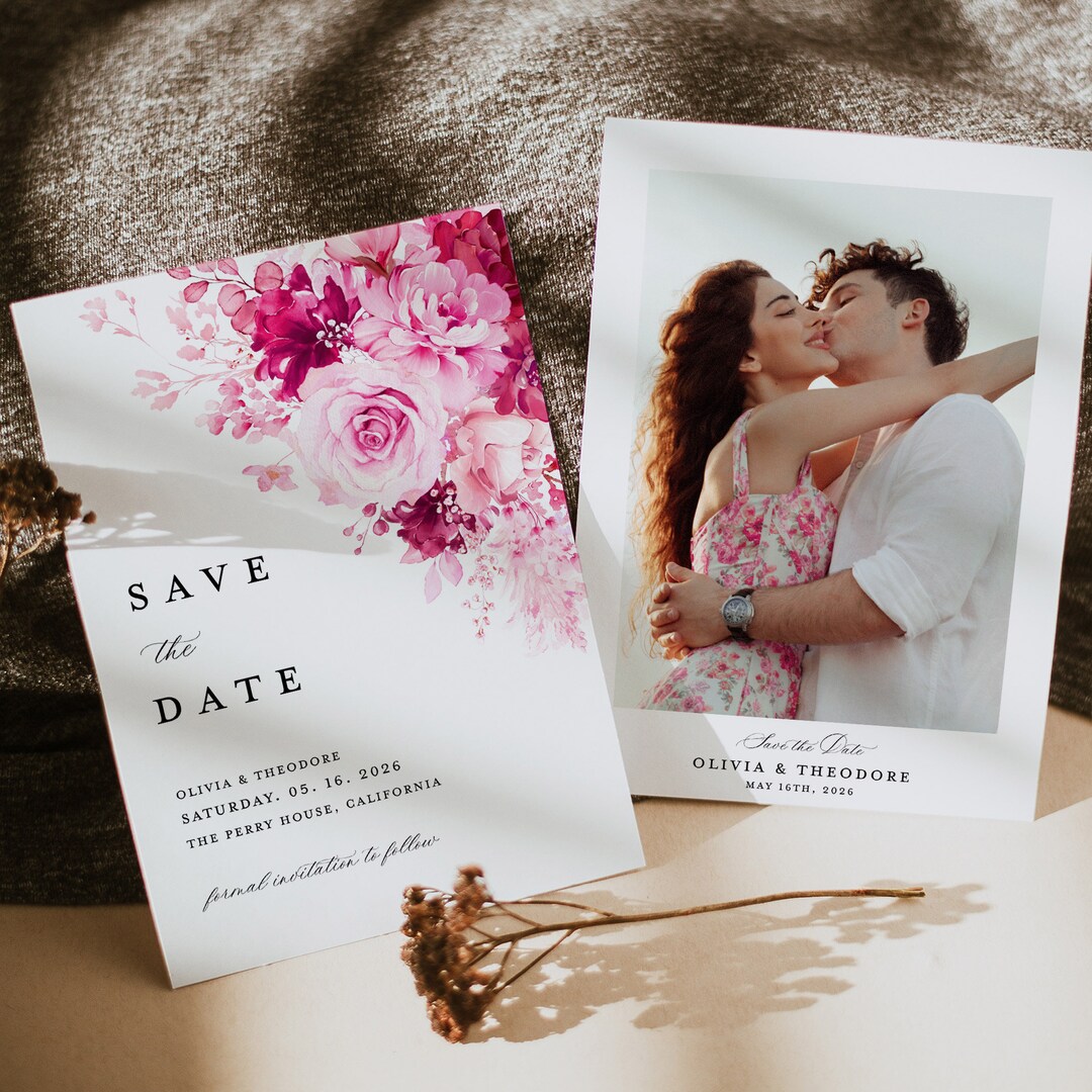 Hot Pink Save the Date Cards Template, Photo Floral Elegant Wedding ...