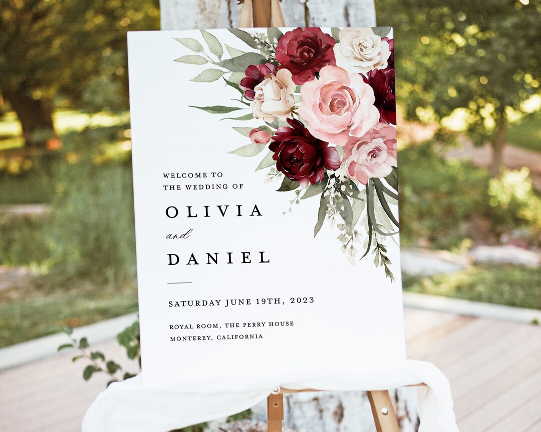 Burgundy Wedding Welcome Sign Template, Boho Blush Pink Rose Reception ...