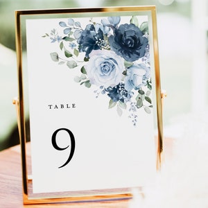 Dusty Blue Navy Wedding Table Numbers Card Template, Boho Floral Table ...
