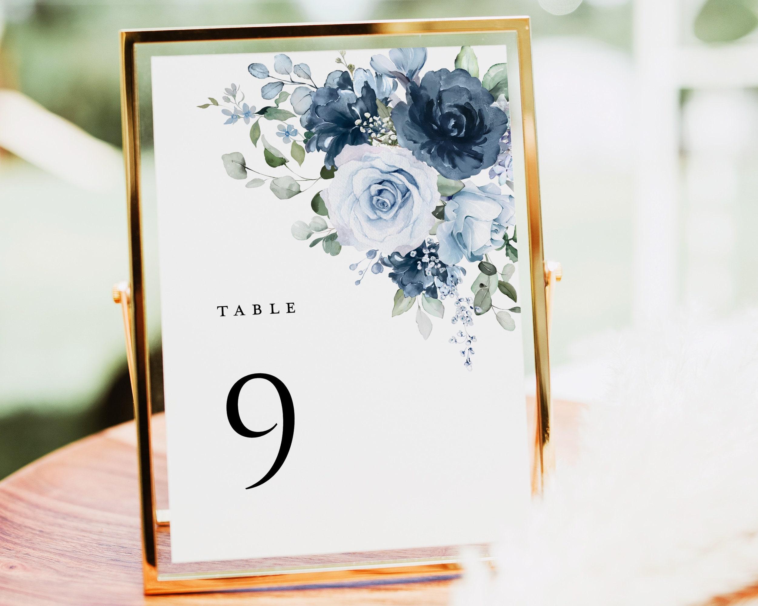 Dusty Blue Navy Wedding Table Numbers Card Template, Boho Floral Table ...